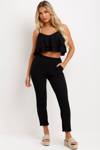 Women's Ruffle Top And Trouser Two Piece Matching Set Black – Styledup ...
