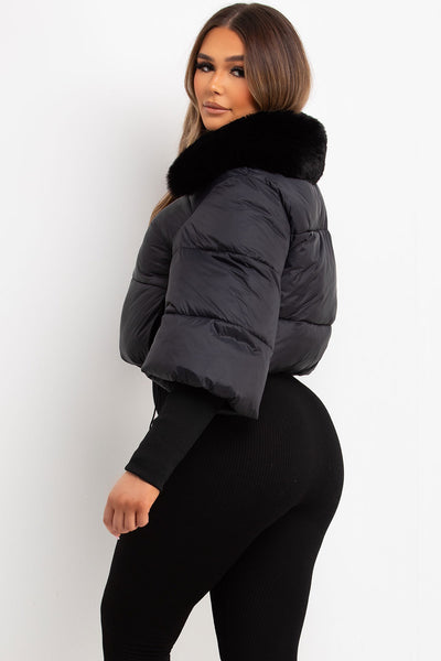 Women's Faux Fur Collar Puffer Jacket Black Outerwear – Styledup.co.uk