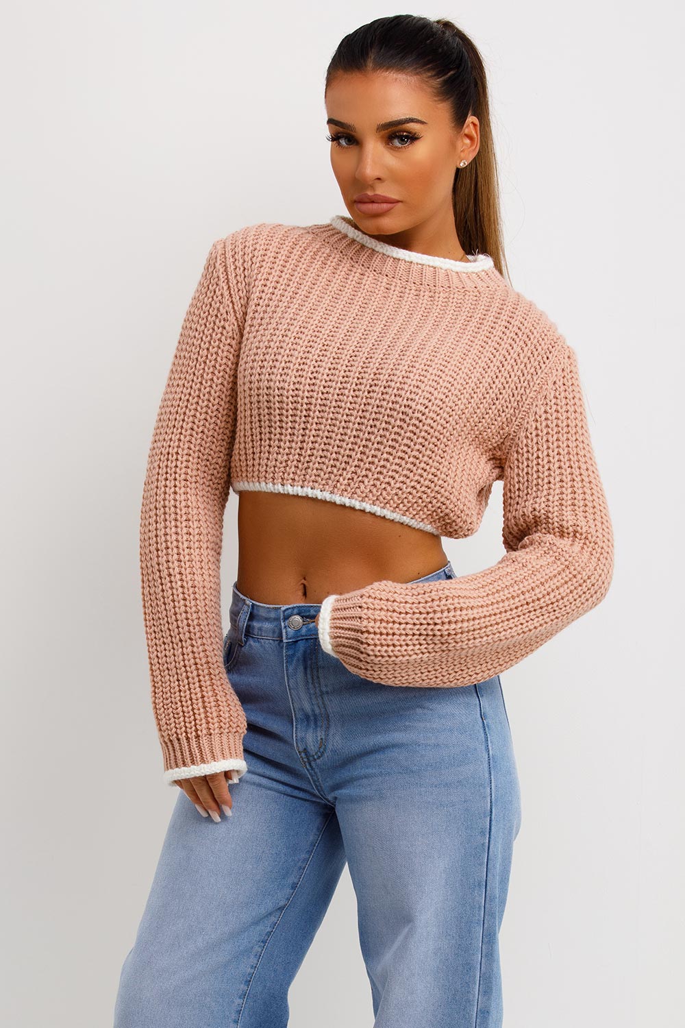 Women s Pink Long Sleeve Knitted Cropped Jumper Styledup co uk Women s Pink Long Sleeve Knitted Cropped Jumper Styledup co uk