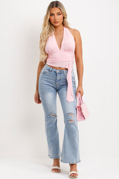 Halter Neck Backless Drape Top Pink – Styledup.co.uk