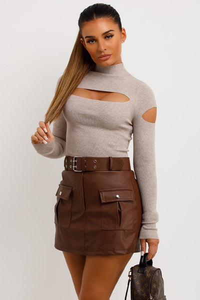 Women's Cut Out Jumper With Long Sleeves Beige – Styledup.co.uk