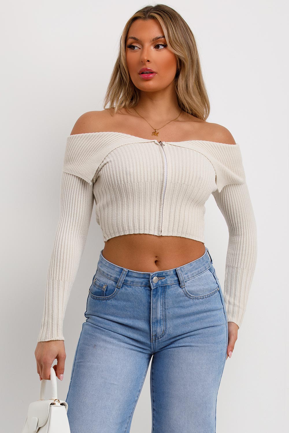 Women's Off Shoulder Jumper Zip Front Fold Over Top Beige – Styledup.co.uk