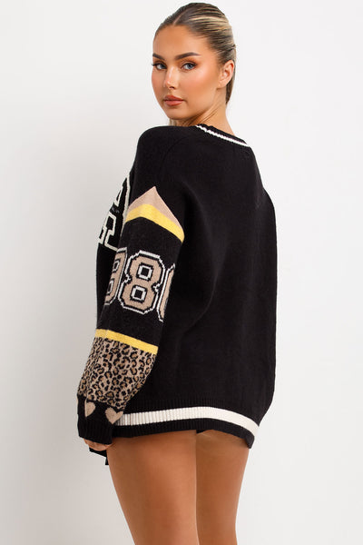 Women's Knitted Jumper With Teddy Bear Leopard Print Contrast Detail ...