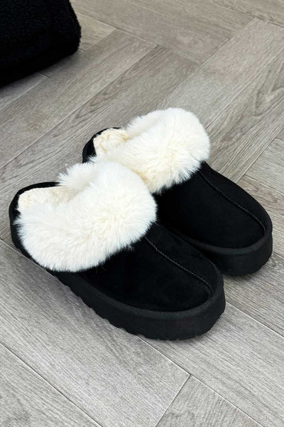Women's Faux Fur Trim Platform Slippers In Black Faux Suede – Styledup ...