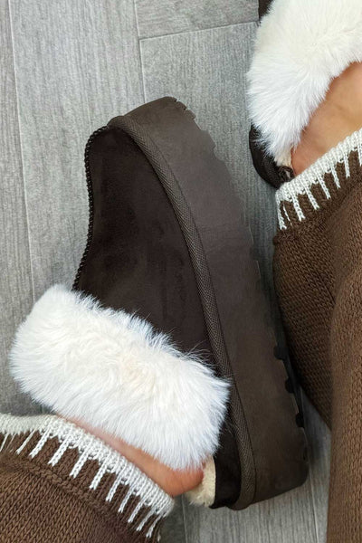 Women's Faux Fur Trim Platform Slippers In Brown Faux Suede – Styledup ...
