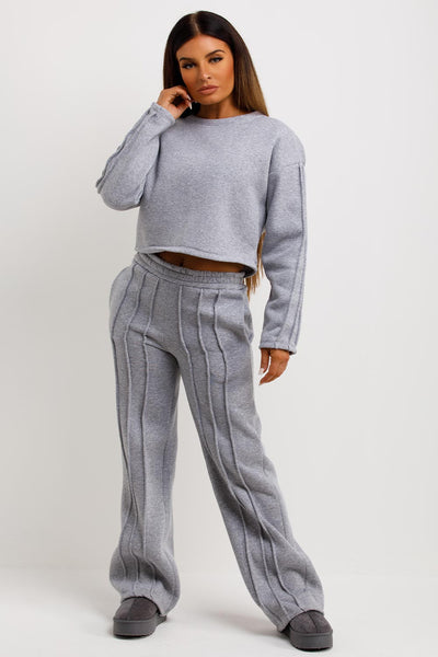 Women's Grey Tracksuit Joggers And Sweatshirt With Seam Detail ...