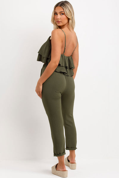 Women's Ruffle Top And Trouser Two Piece Matching Set Khaki – Styledup ...