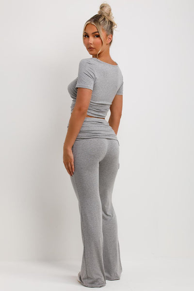 Women's Ruched Fold Over Flared Trousers Crop Top Co Ord Set Grey ...