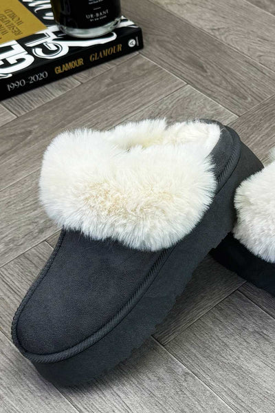 Women's Faux Fur Trim Platform Slippers In Grey Faux Suede – Styledup.co.uk