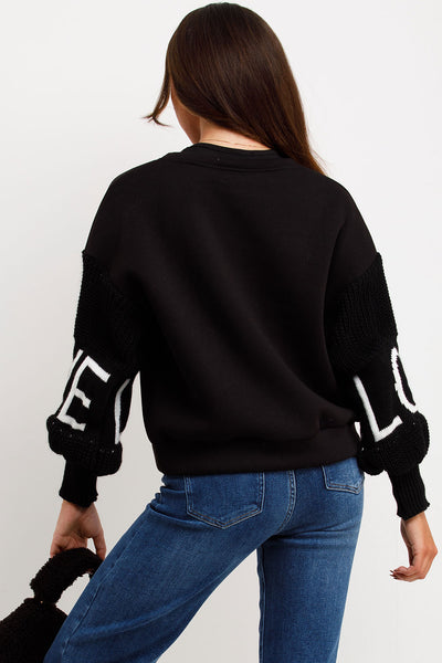 Women's Jumper With Knitted Sleeves Love Slogan Black – Styledup.co.uk