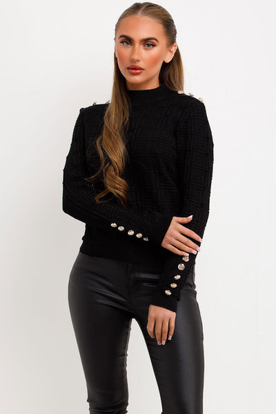 Women's Jumper With Gold Buttons And Embossed Detailing Black ...