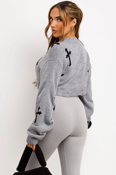 Women's Knitted Jumper With Crosses Cropped Grey Knitwear – Styledup.co.uk