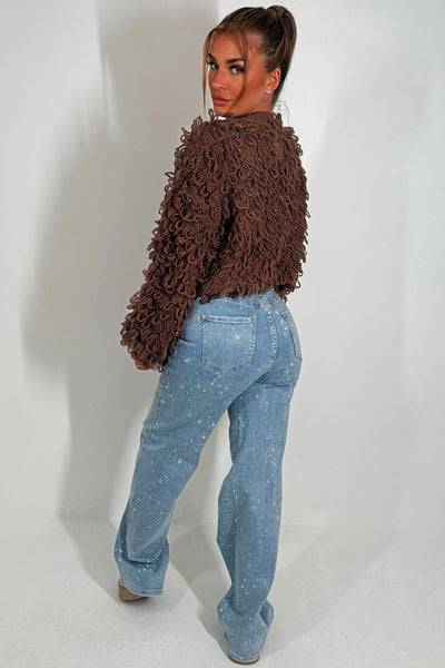 Women's Knitted Cardigan Jumper With Shaggy Loop Fringe Detail Brown ...