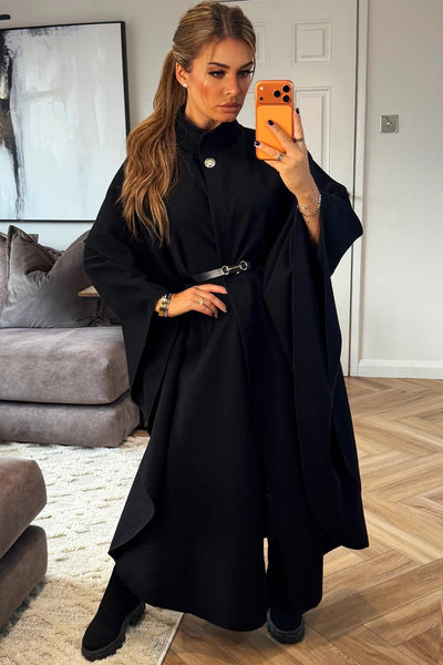 Women's Long Cape With Belt Poncho Black – Styledup.co.uk