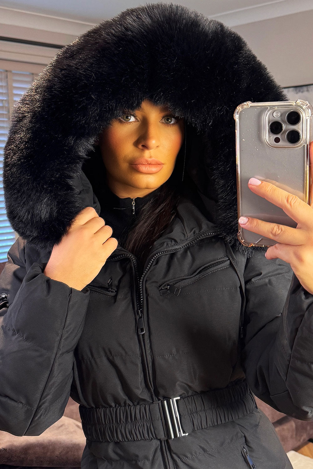 Women s Longline Puffer Padded Coat With Fur Hood And Belt Black Women s Longline Puffer Padded Coat With Fur Hood And Belt Black