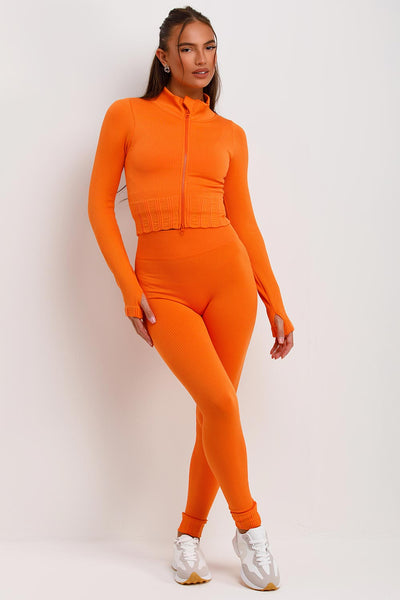 Women's 3 Piece Gym Set Ribbed Co Ord Orange Active Wear – Styledup.co.uk