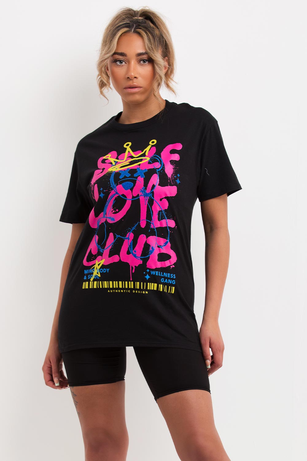 Women s Black Oversized T Shirt With Self Love Club Graphic Print Women s Black Oversized T Shirt With Self Love Club Graphic Print