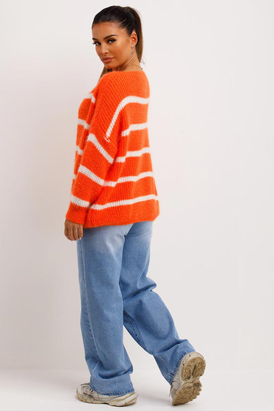 Women's Oversized Knitted Jumper With Stripes Orange – Styledup.co.uk