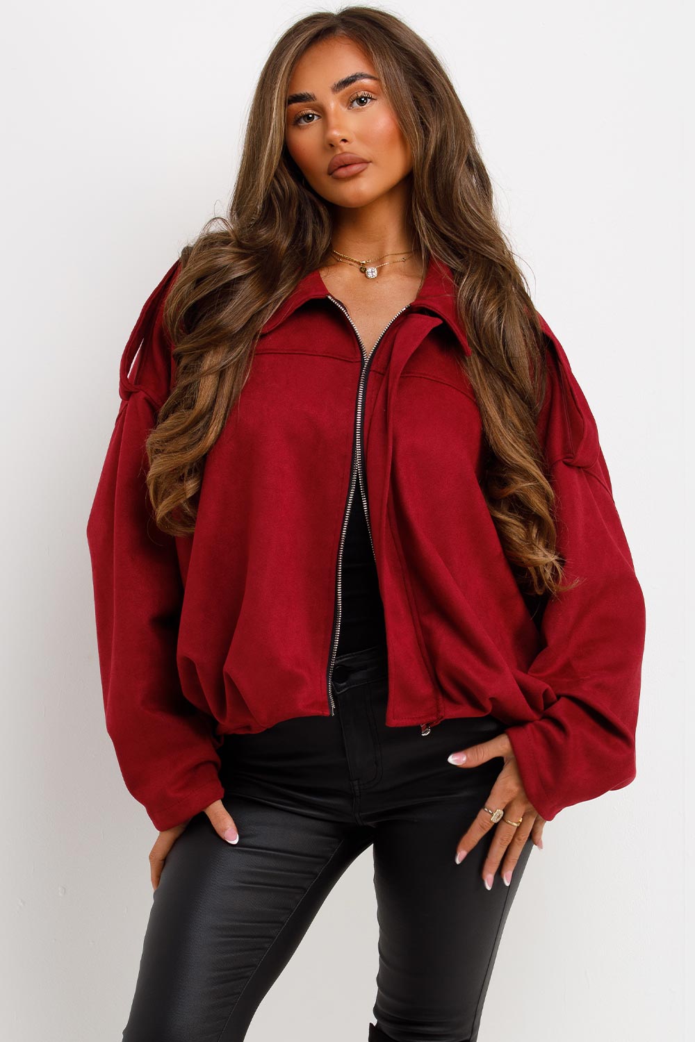 Women's Faux Suede Bomber Jacket With Tabs Burgundy Zara Inspired – Styledup.co.uk