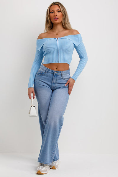 Women's Off Shoulder Jumper Zip Front Fold Over Top Sky Blue – Styledup ...