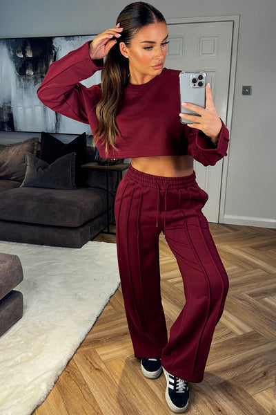 Women's Burgundy Tracksuit Joggers Crop Sweatshirt With Seam Detail ...