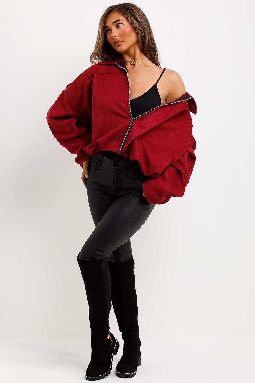 Women's Faux Suede Bomber Jacket With Tabs Burgundy Zara Inspired – Styledup.co.uk