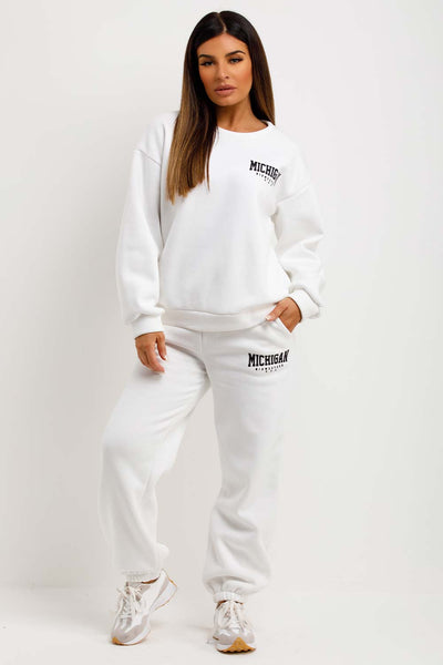 Women's White Sweatshirt And Joggers Tracksuit With Michigan Slogan ...