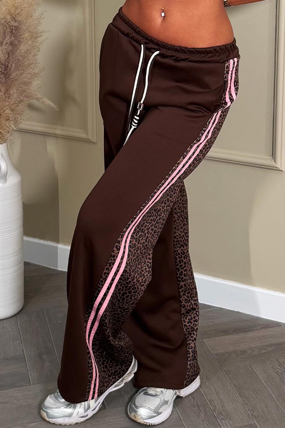Women's Brown Wide Leg Joggers With Contrast Leopard Print And Pink ...