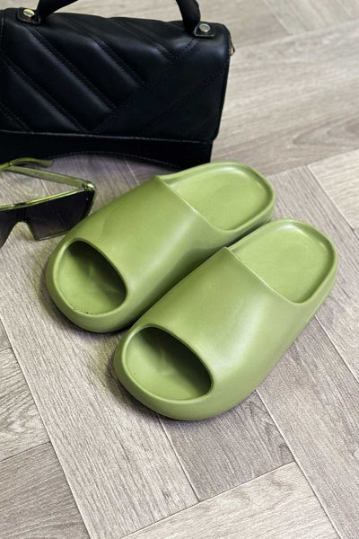 Women's Chunky Sliders Sandals Ribbed Rubber Sole Khaki – Styledup.co.uk