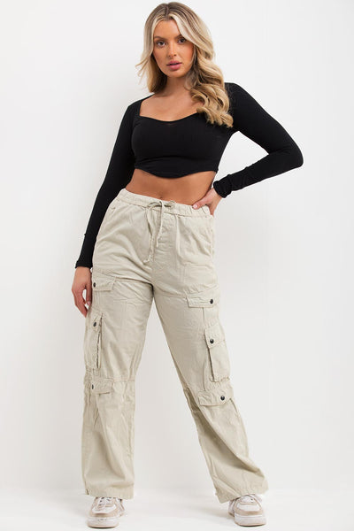 Women's Cargo Trousers With Wide Legs And Side Pockets Beige – Styledup ...