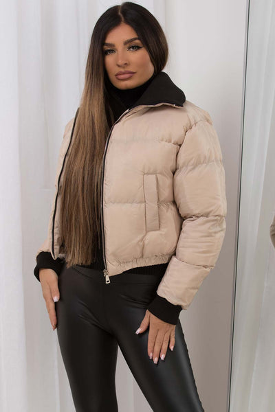 Women's Cropped Puffer Jacket With Rib Collar Beige – Styledup.co.uk