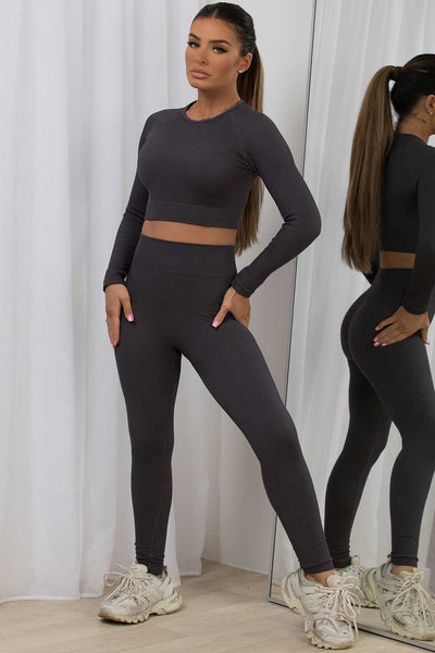 Women's Gym Set Ribbed Co Ord Charcoal Grey – Styledup.co.uk