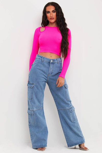 Women's Ribbed Cut Out Long Sleeve Crop Top Neon Pink – Styledup.co.uk