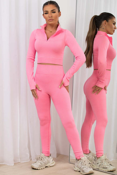 Women's Ribbed Lounge Set With Half Zip Pink Gym Wear – Styledup.co.uk