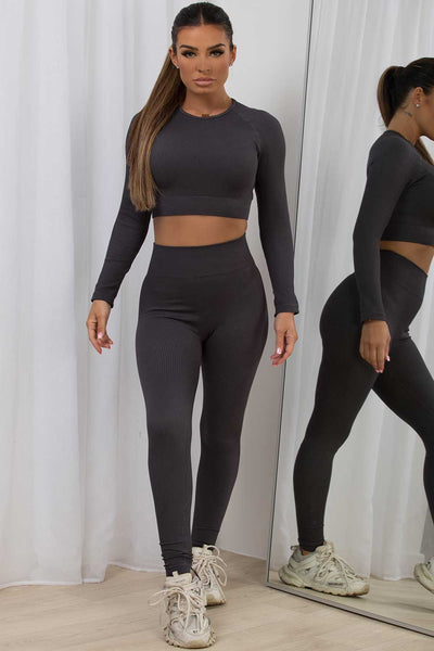 Women's Gym Set Ribbed Co Ord Charcoal Grey – Styledup.co.uk